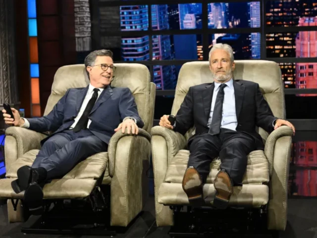 Jon Stewart surprises Stephen Colbert with recliners, Andra Day ahead ...